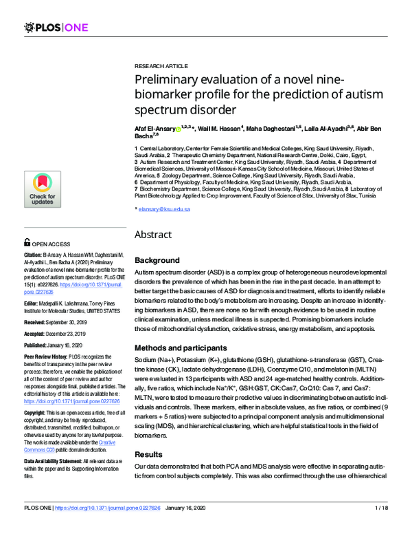 Pdf Preliminary Evaluation Of A Novel Nine Biomarker Profile For The Prediction Of Autism