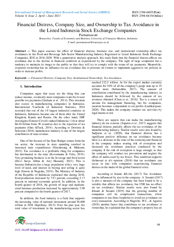 (PDF) Financial Distress, Company Size, and Ownership to Tax Avoidance ...