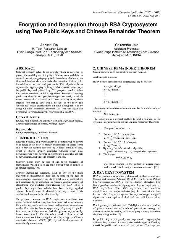 (PDF) Encryption and Decryption through RSA Cryptosystem using Two ...