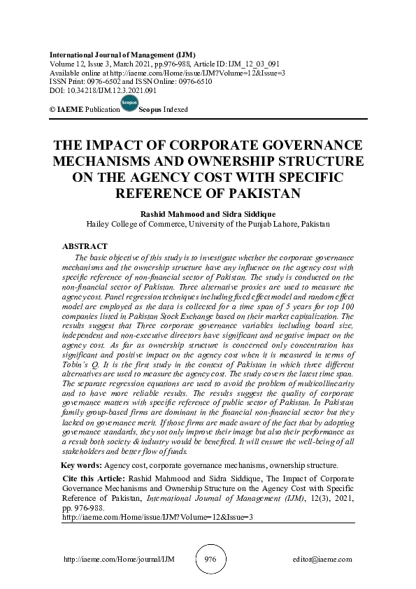 (PDF) THE IMPACT OF CORPORATE GOVERNANCE MECHANISMS AND OWNERSHIP STRUCTURE ON THE AGENCY COST ...