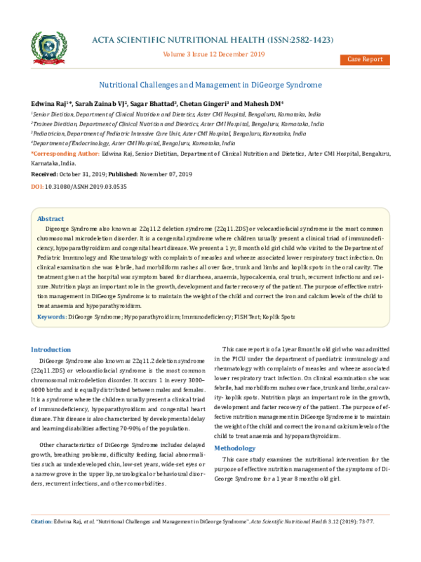 (PDF) Nutritional Challenges and Management in DiGeorge Syndrome
