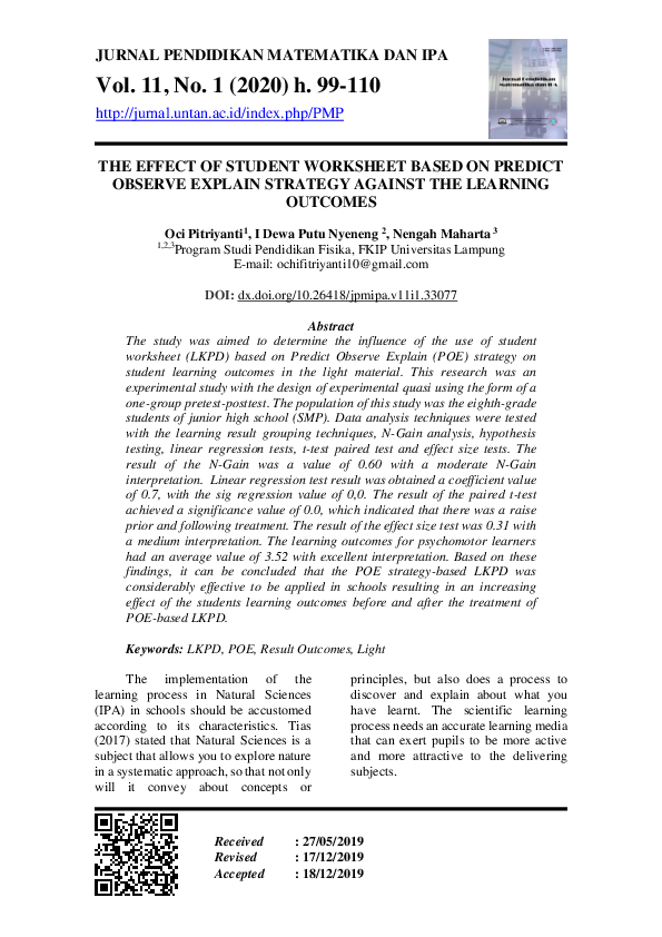 (PDF) The Effect of Student Worksheet Based on Predict Observe Explain Strategy Against the ...