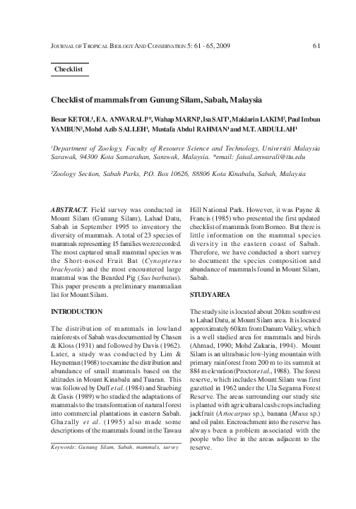 Pdf Checklist Of Mammals From Gunung Silam Sabah Malaysia