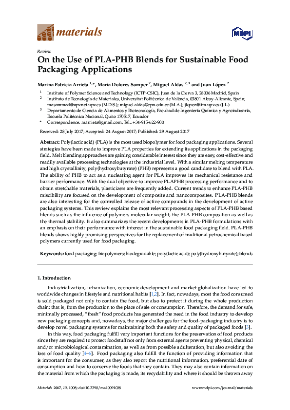 (PDF) On the Use of PLA-PHB Blends for Sustainable Food Packaging ...