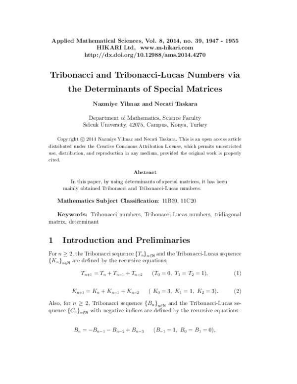 (PDF) Tribonacci and Tribonacci-Lucas numbers via the determinants of ...