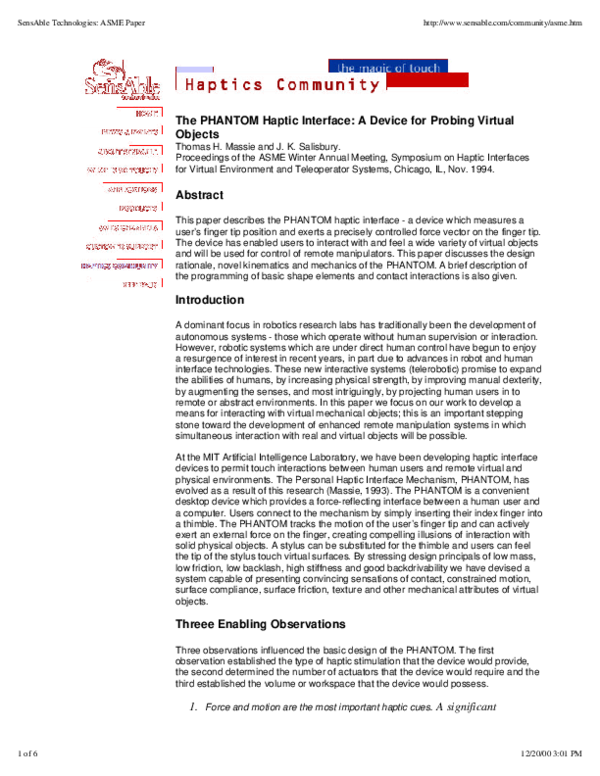 (PDF) The phantom haptic interface: A device for probing virtual objects