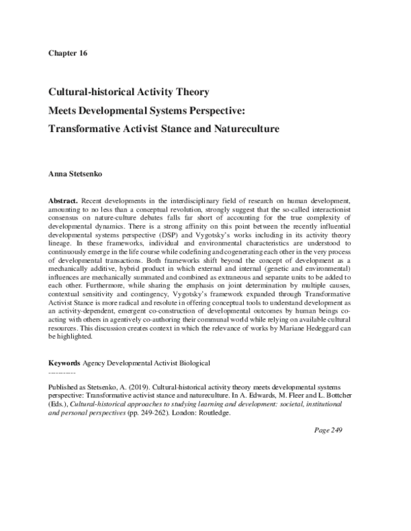 (PDF) Stetsenko, A. (2019). Cultural-historical Activity Theory Meets ...