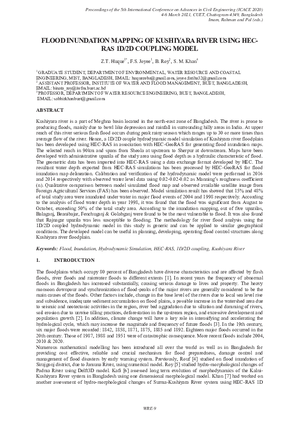 (PDF) FLOOD INUNDATION MAPPING OF KUSHIYARA RIVER USING HEC-RAS 1D/2D COUPLING MODEL