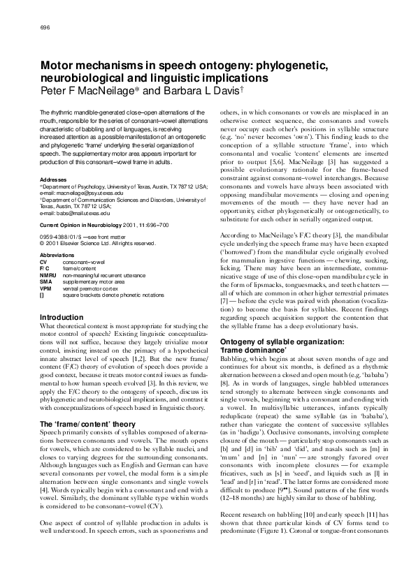 (PDF) Motor mechanisms in speech ontogeny: phylogenetic ...