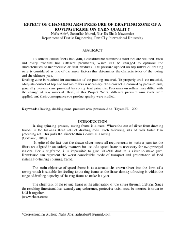 (PDF) Effect of Changing Arm Pressure of Drafting Zone of a Roving ...