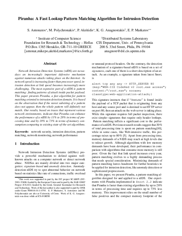 (PDF) Piranha: A fast lookup pattern matching algorithm for intrusion detection