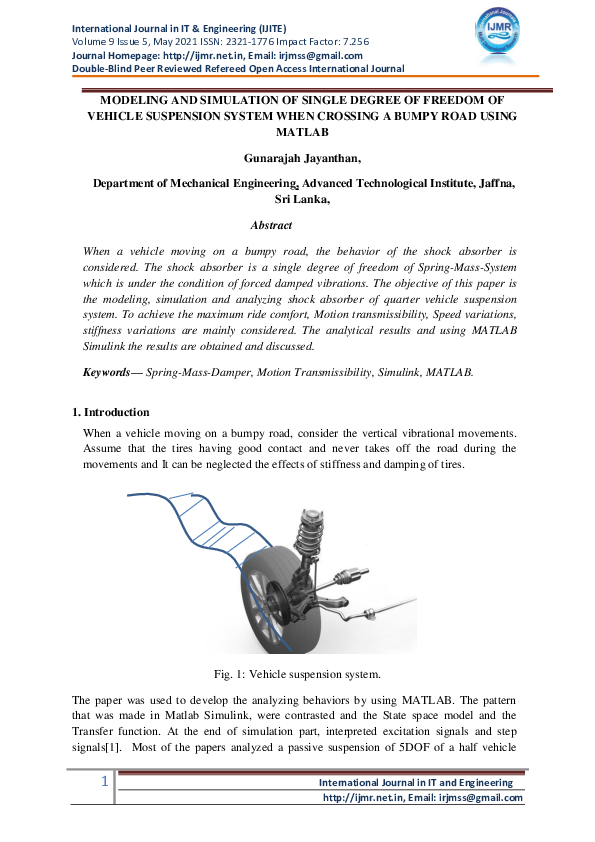 (PDF) MODELING AND SIMULATION OF SINGLE DEGREE OF FREEDOM OF VEHICLE SUSPENSION SYSTEM WHEN ...