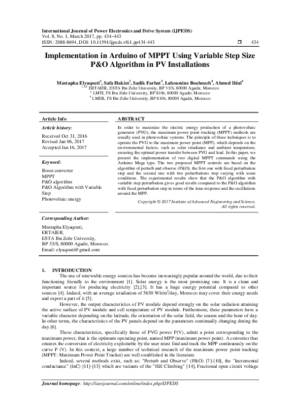 (PDF) Implementation in Arduino of MPPT Using Variable Step Size P&O Algorithm in PV Installations