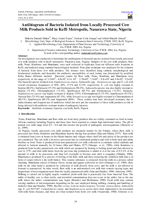 (PDF) Antibiogram of Bacteria Isolated from Locally Processed Cow Milk Products Sold in Keffi ...
