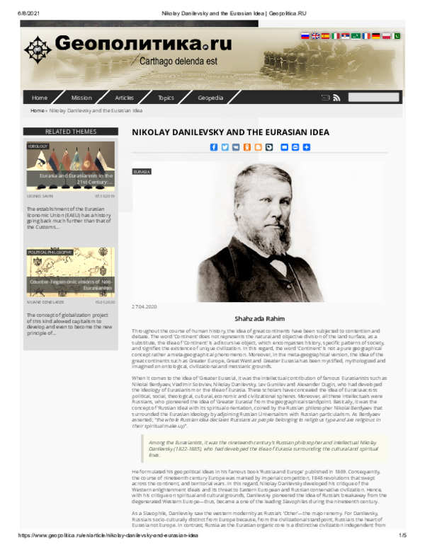 (PDF) NIKOLAY DANILEVSKY AND THE EURASIAN IDEA