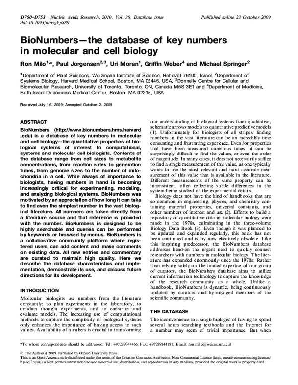 (PDF) BioNumbers--the Database of Key Numbers In Molecular and Cell ...