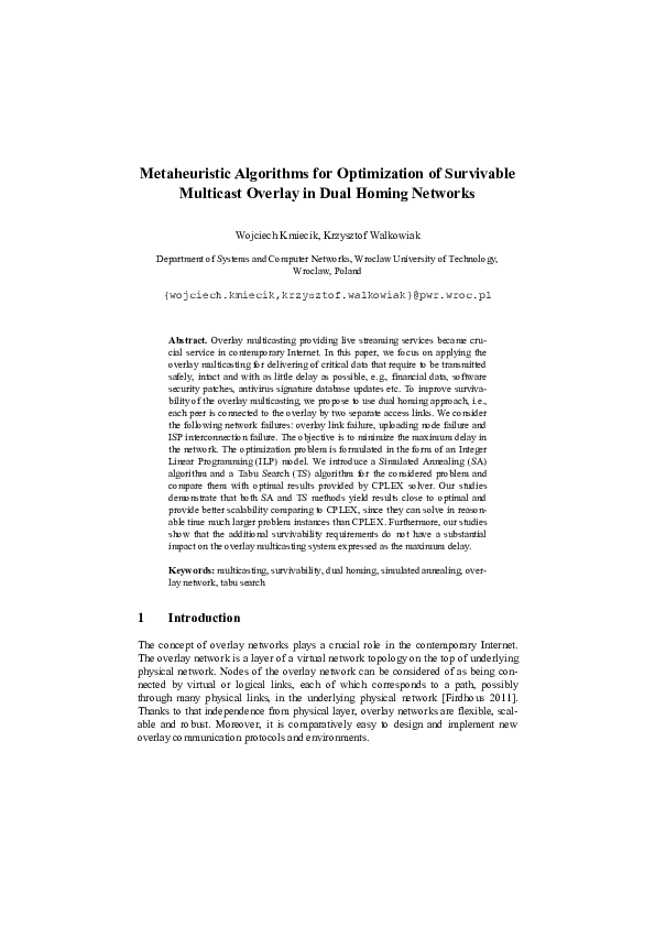 Pdf Metaheuristic Algorithms For Optimization Of Survivable Multicast Overlay In Dual Homing
