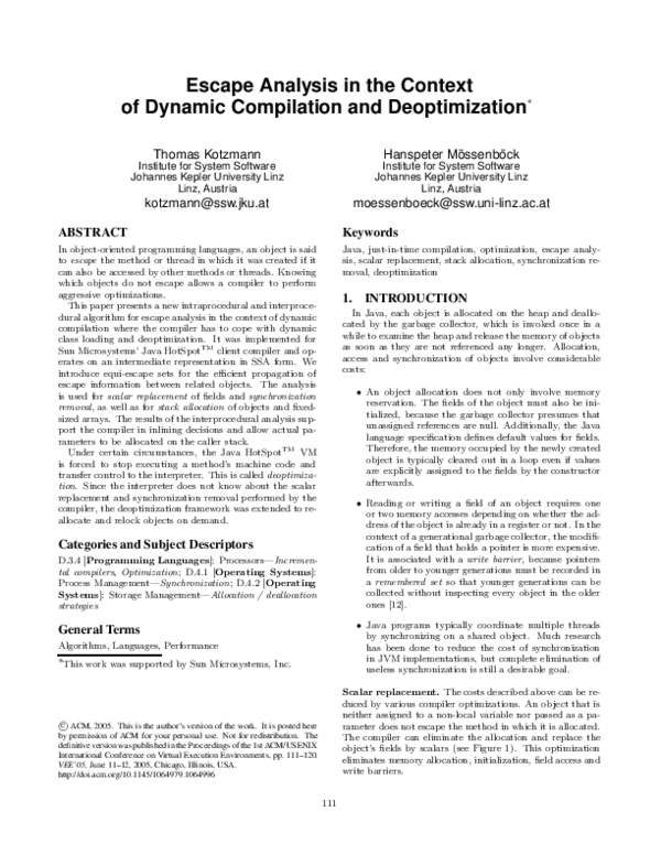 (PDF) Escape analysis in the context of dynamic compilation and ...