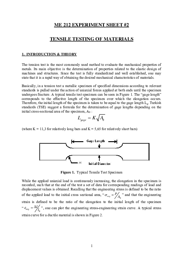 (PDF) ME 212 EXPERIMENT SHEET #2 TENSILE TESTING OF MATERIALS