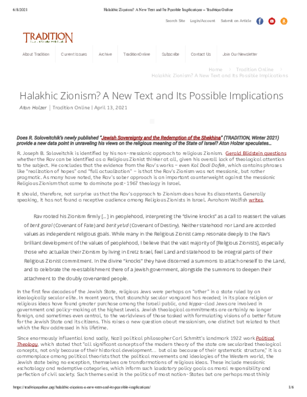 (PDF) Halakhic Zionism? A New Text and Its Possible Implications