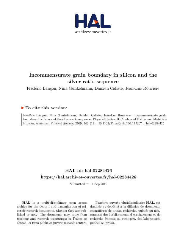 (PDF) Incommensurate grain boundary in silicon and the silver-ratio sequence