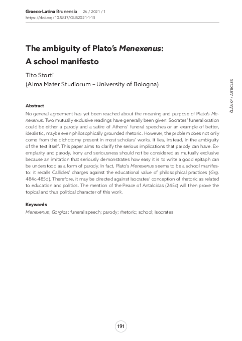 (PDF) The ambiguity of Plato's Menexenus: A school manifesto