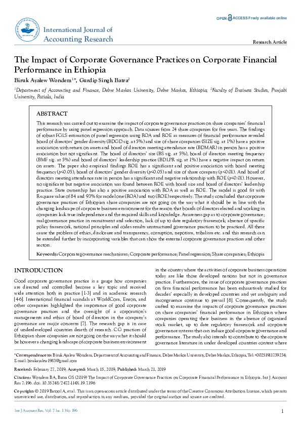 (PDF) The Impact of Corporate Governance Practices on Corporate Financial Performance in Ethiopia