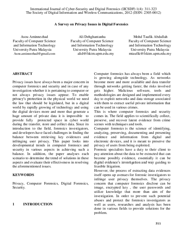 (PDF) A Survey on Privacy Issues in Digital Forensics