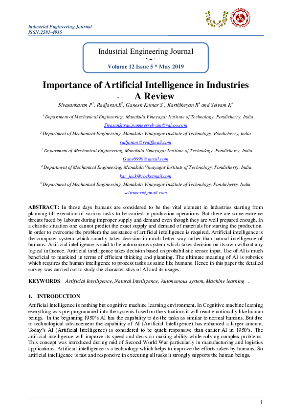 (PDF) Survey of Artificial Intelligence Used in Industries a Review