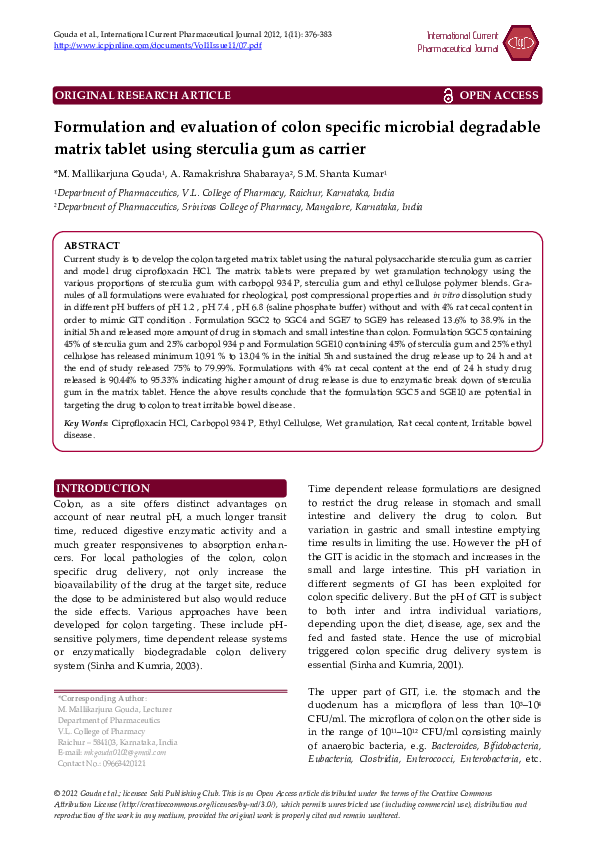 Pdf Formulation And Evaluation Of Colon Specific Matrix And Coated Tablet Of Metronidazole