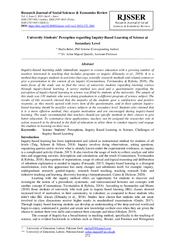 (PDF) University Students' Perception regarding Inquiry-Based Learning of Science at Secondary ...