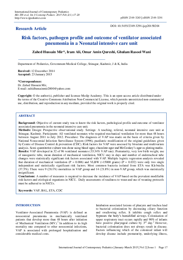 (PDF) Risk factors, pathogen profile and outcome of ventilator associated pneumonia in a ...