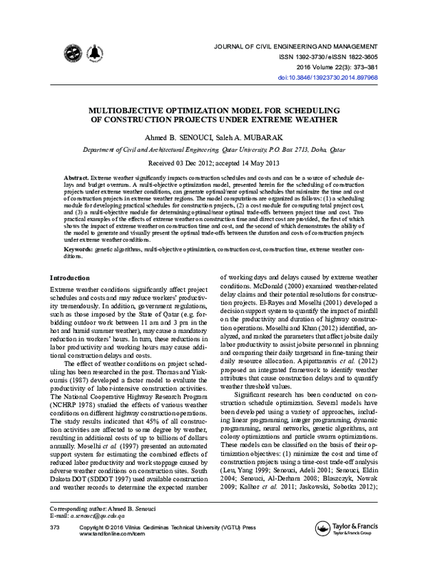 Pdf Multiobjective Optimization Model For Scheduling Of Construction Projects Under Extreme