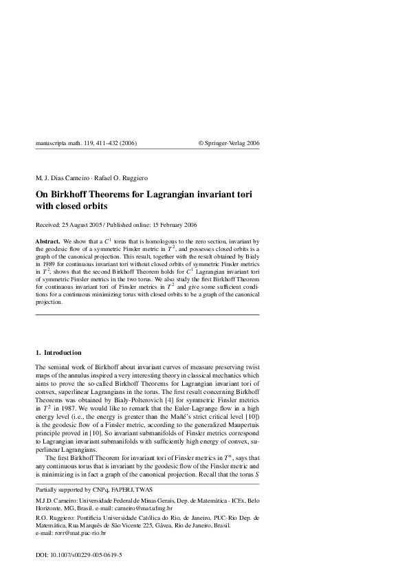 Pdf On Birkhoff Theorems For Lagrangian Invariant Tori With Closed
