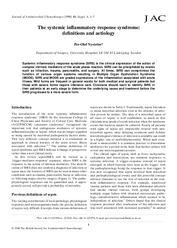 Pdf The Systemic Inflammatory Response Syndrome Definitions And