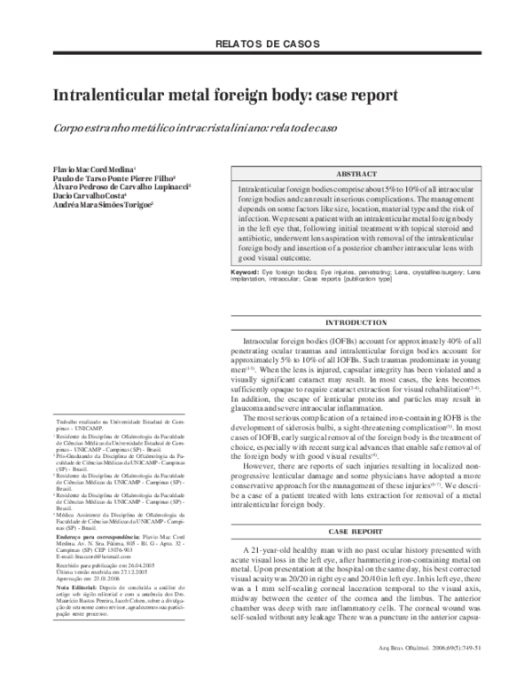 (PDF) Intralenticular metal foreign body: case report