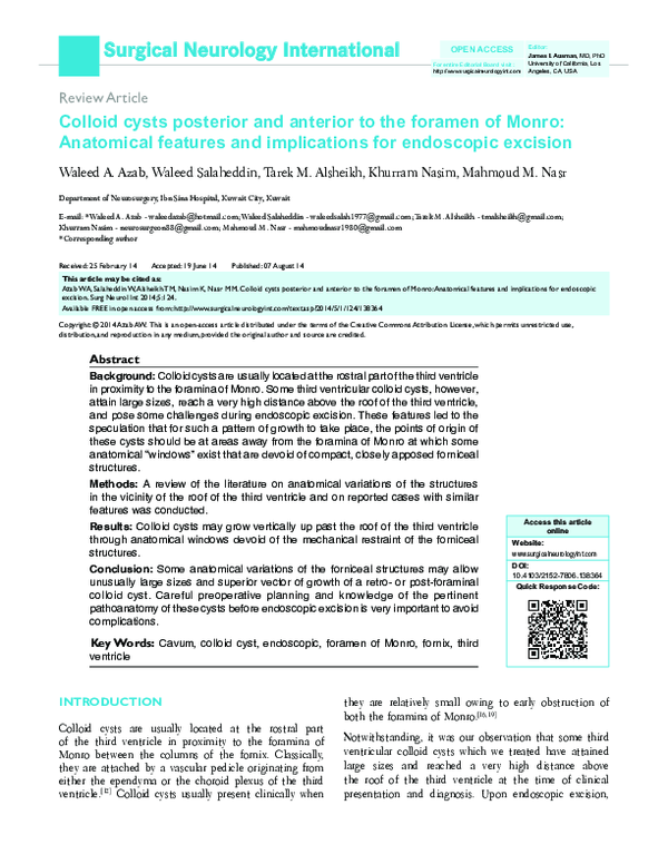 (PDF) Colloid cysts posterior and anterior to the foramen of Monro ...