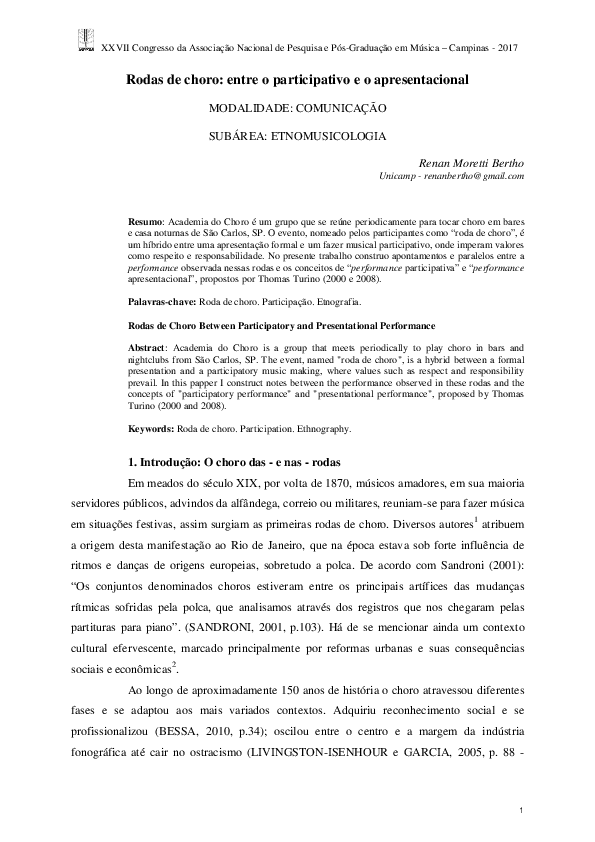 (PDF) Rodas de choro: entre o participativo e o apresentacional
