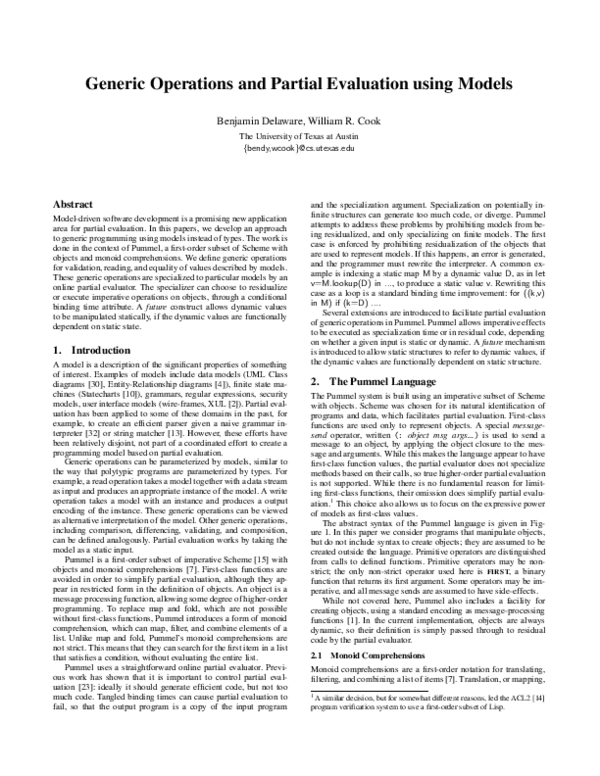 (PDF) Generic Operations and Partial Evaluation using Models