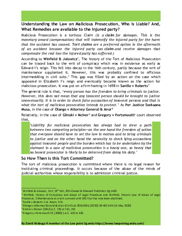 (DOC) Understanding the Law on Malicious Prosecution, Who is Liable ...