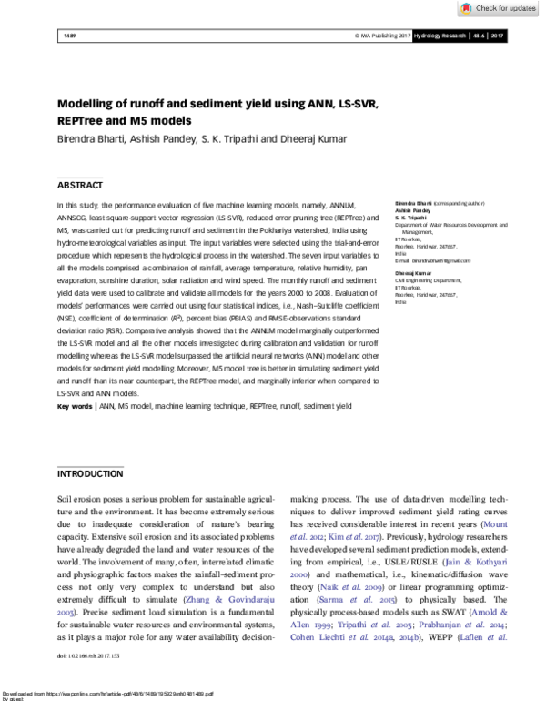 Pdf Modelling Of Runoff And Sediment Yield Using Ann Ls Svr Reptree