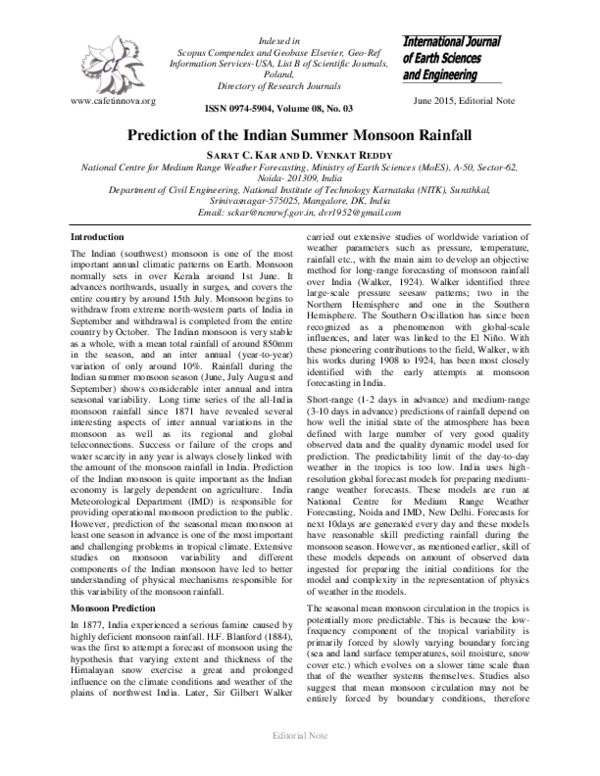 (PDF) Prediction of the Indian Summer Monsoon Rainfall