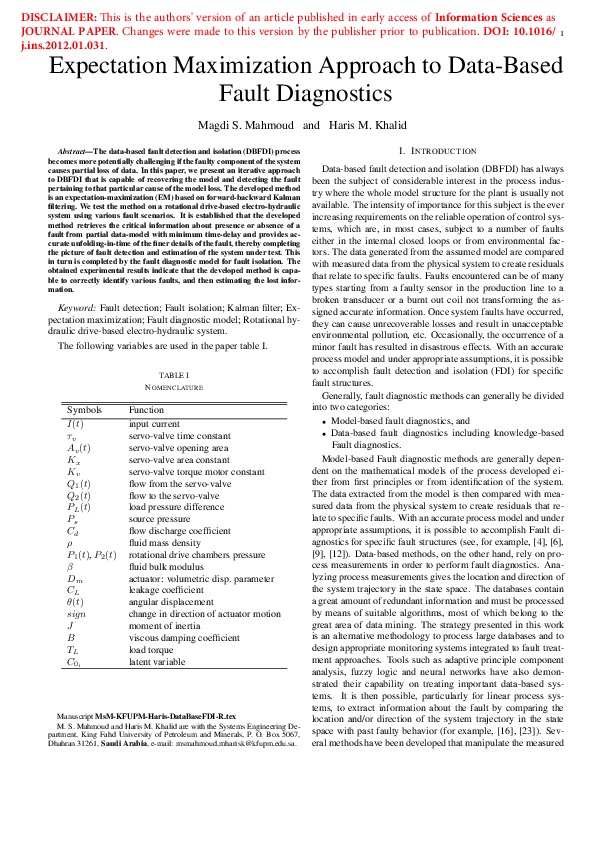 Pdf Expectation Maximization Approach To Data Based Fault Diagnostics