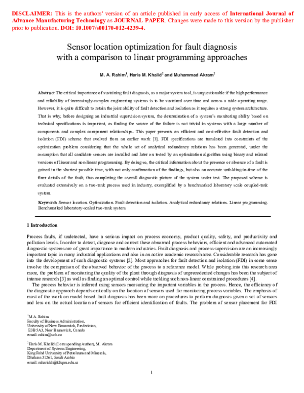 Pdf Sensor Location Optimization For Fault Diagnosis With A Comparison To Linear Programming