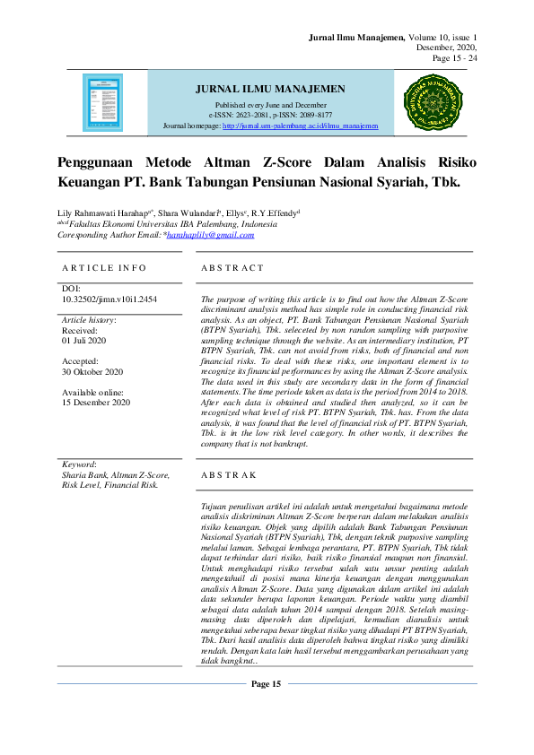 (PDF) Penggunaan Metode Altman Z-Score Dalam Analisis Risiko Keuangan PT. BTPN Syariah, Tbk