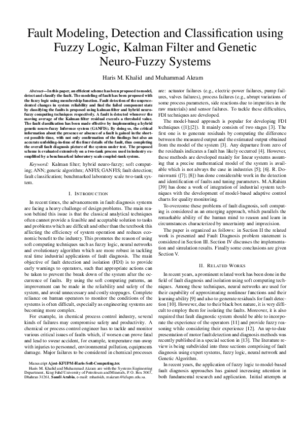 (PDF) Fault Modeling, Detection and Classification using Fuzzy Logic, Kalman Filter and Genetic ...
