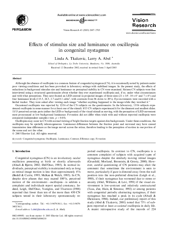 (PDF) Effects of stimulus size and luminance on oscillopsia in ...