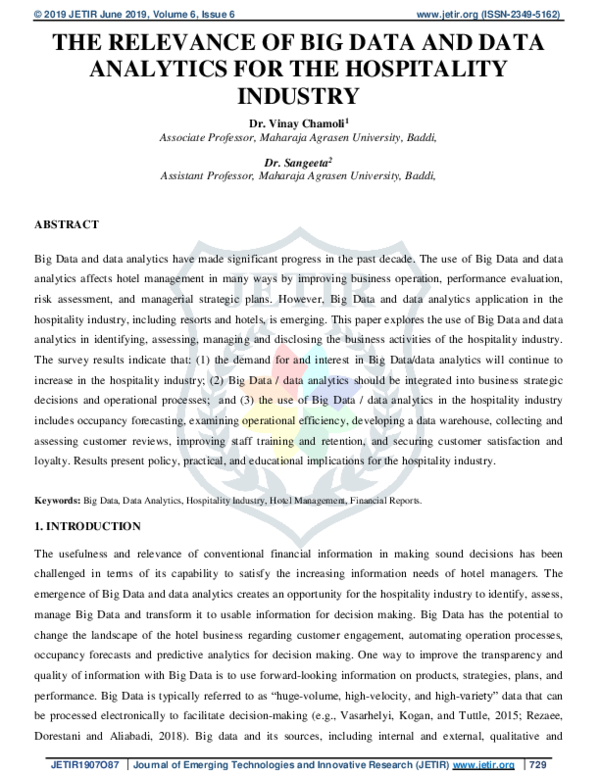(PDF) THE RELEVANCE OF BIG DATA AND DATA ANALYTICS FOR THE HOSPITALITY ...