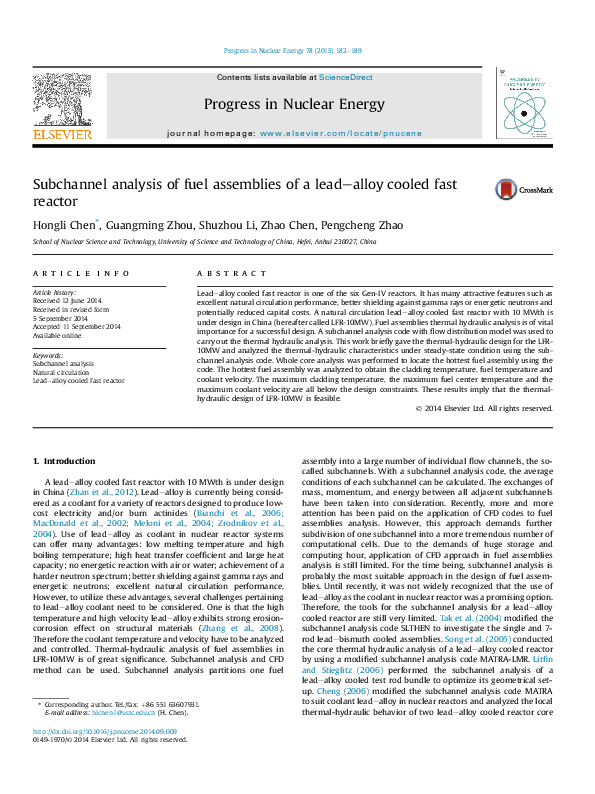 (PDF) Subchannel analysis of fuel assemblies of a lead–alloy cooled ...