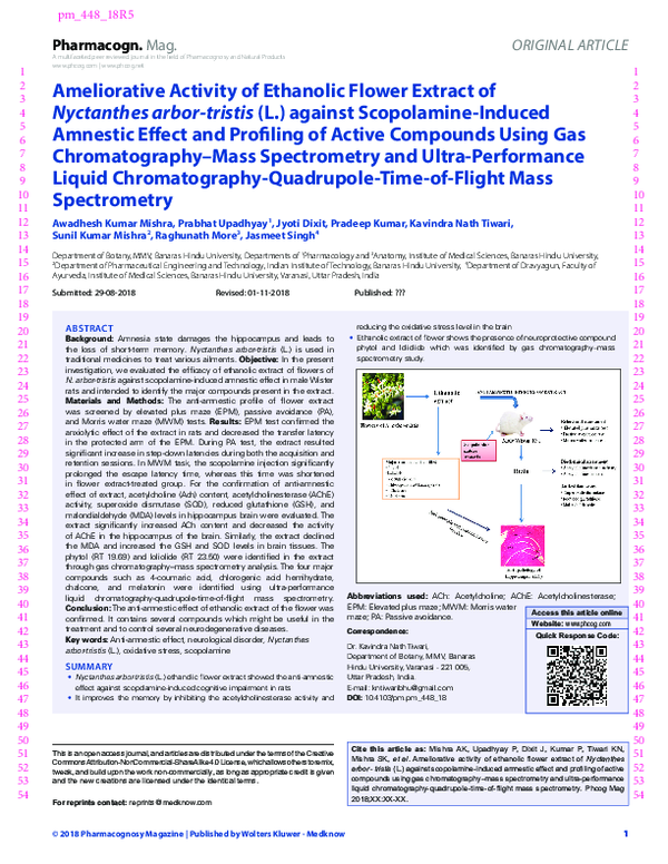 (PDF) Ameliorative activity of ethanolic flower extract of Nyctanthes arbor-tristis (L.) against ...